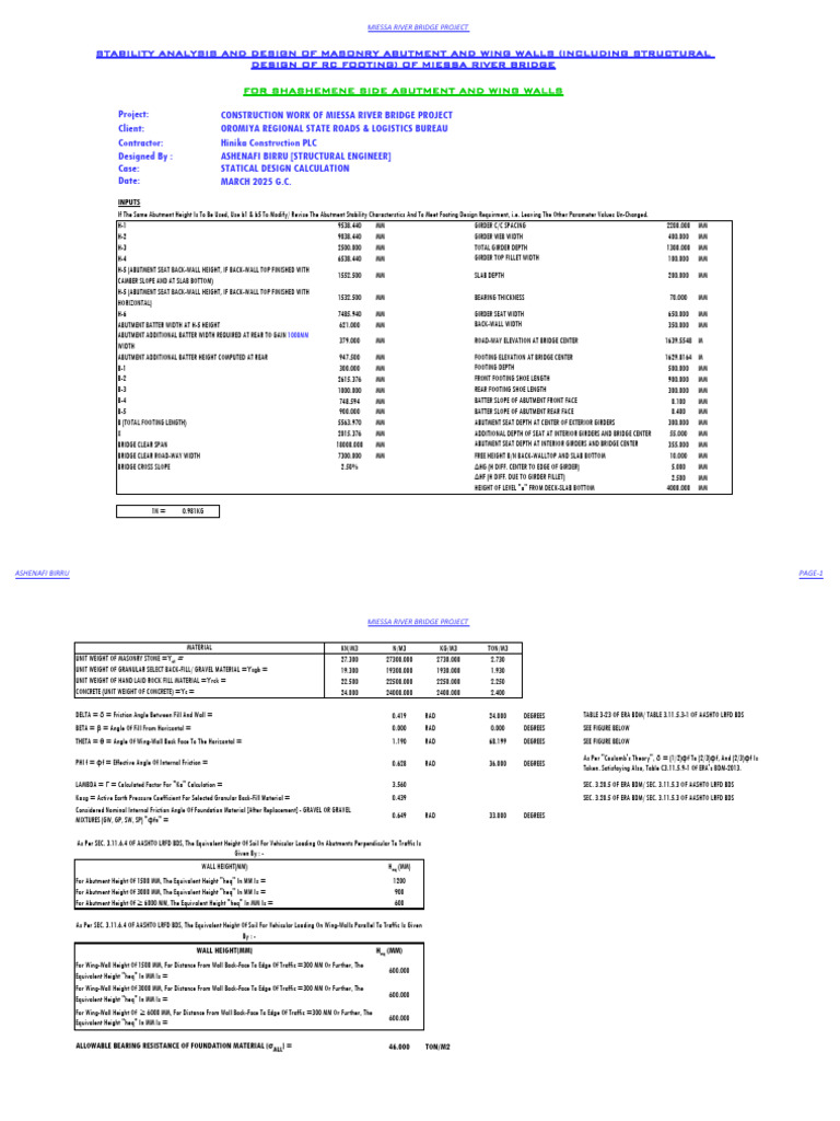 Miessa Bridge Sub-Structure Statical Calculation-Shashe Side | PDF ...