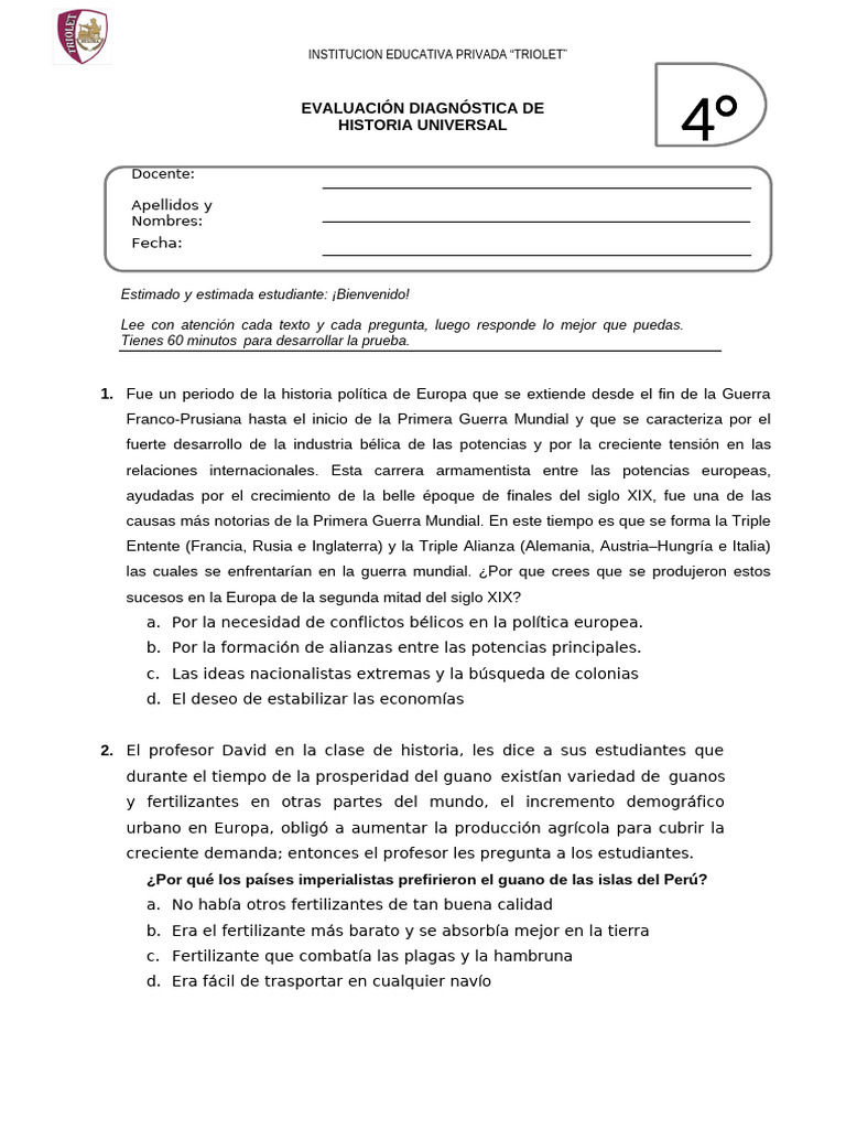 Evaluación Diagnóstica de Historia Universal | PDF | Imperio ruso ...