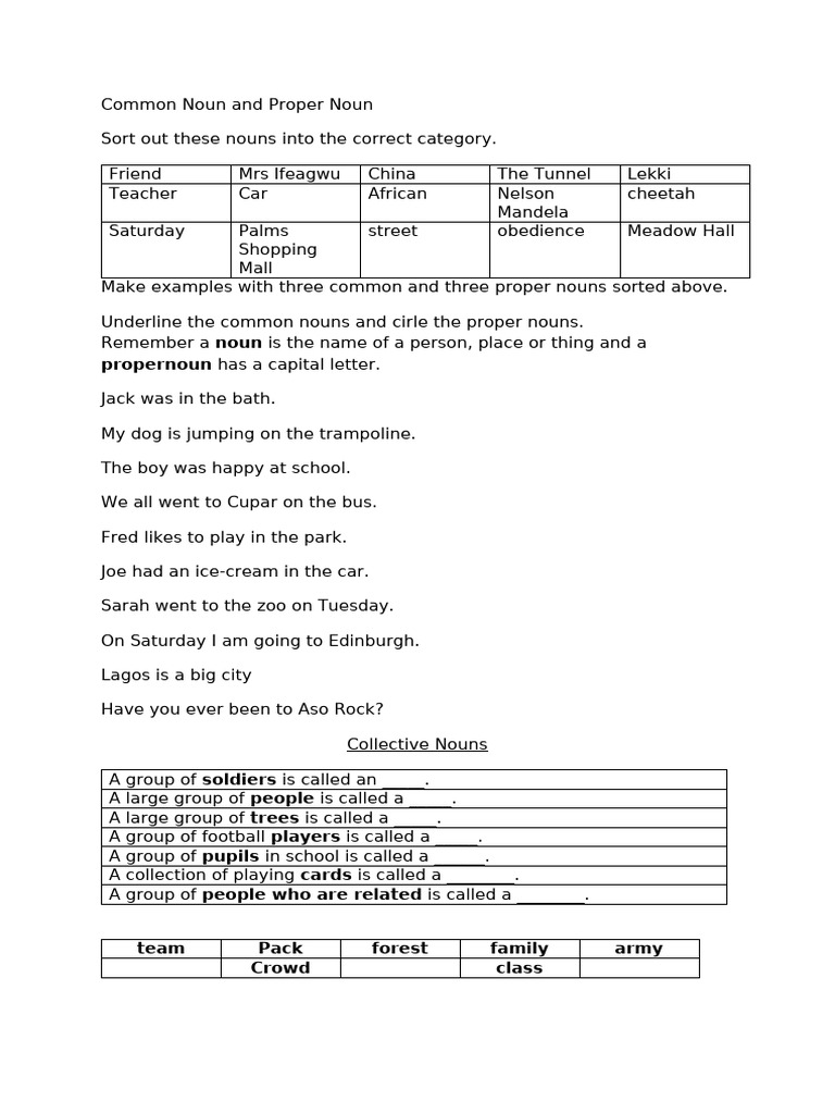 Common Noun and Proper Noun WORKSHEETS WEEK 1-4 | PDF