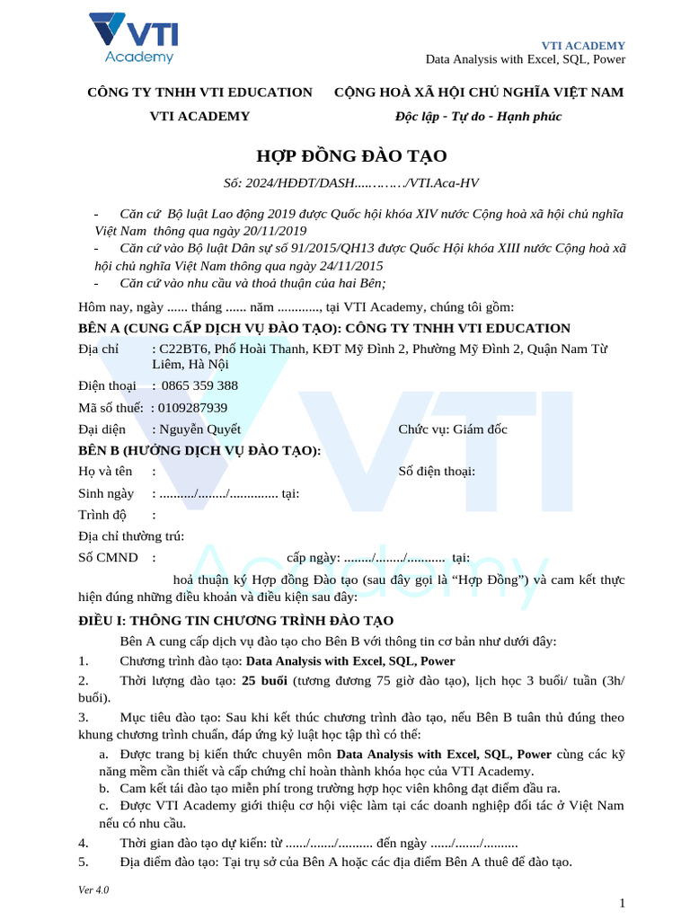 VTI Academy - Training Contract With Sudents - DASH | PDF