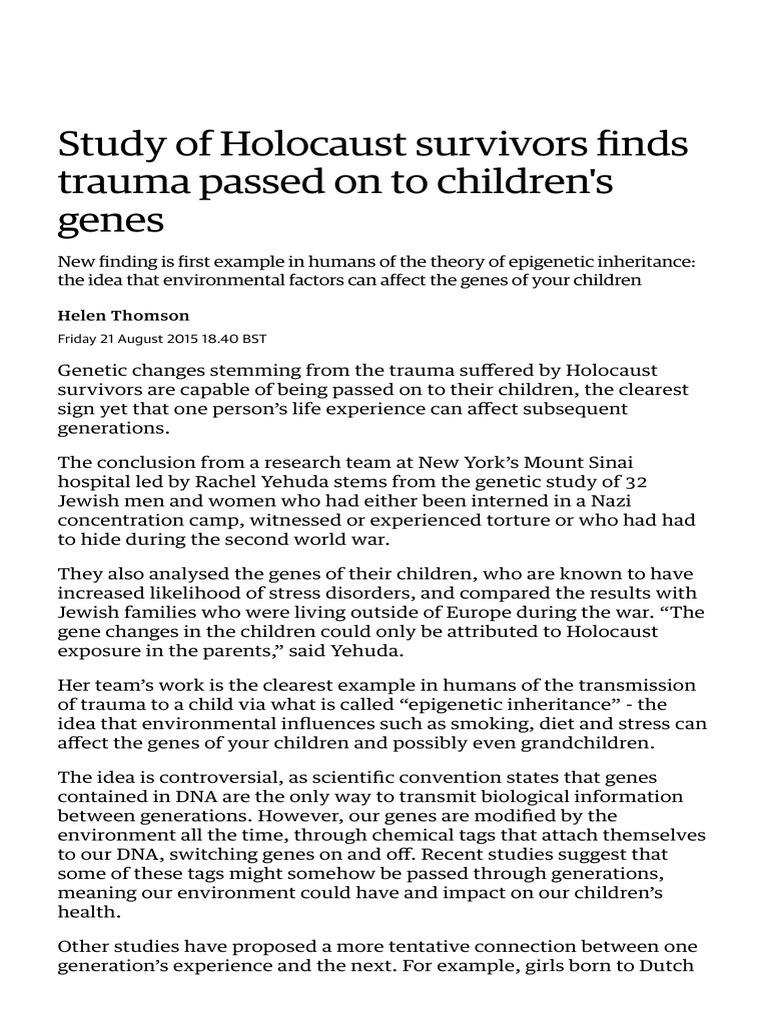 Study of Holocaust Survivors Finds Trauma Passed On To Children's Genes ...