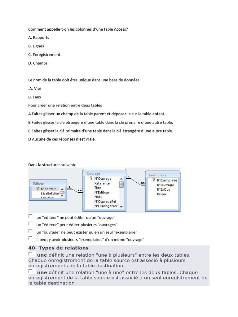 Ensemble Questions QCM | PDF | Bases de données | Table (Base de données)