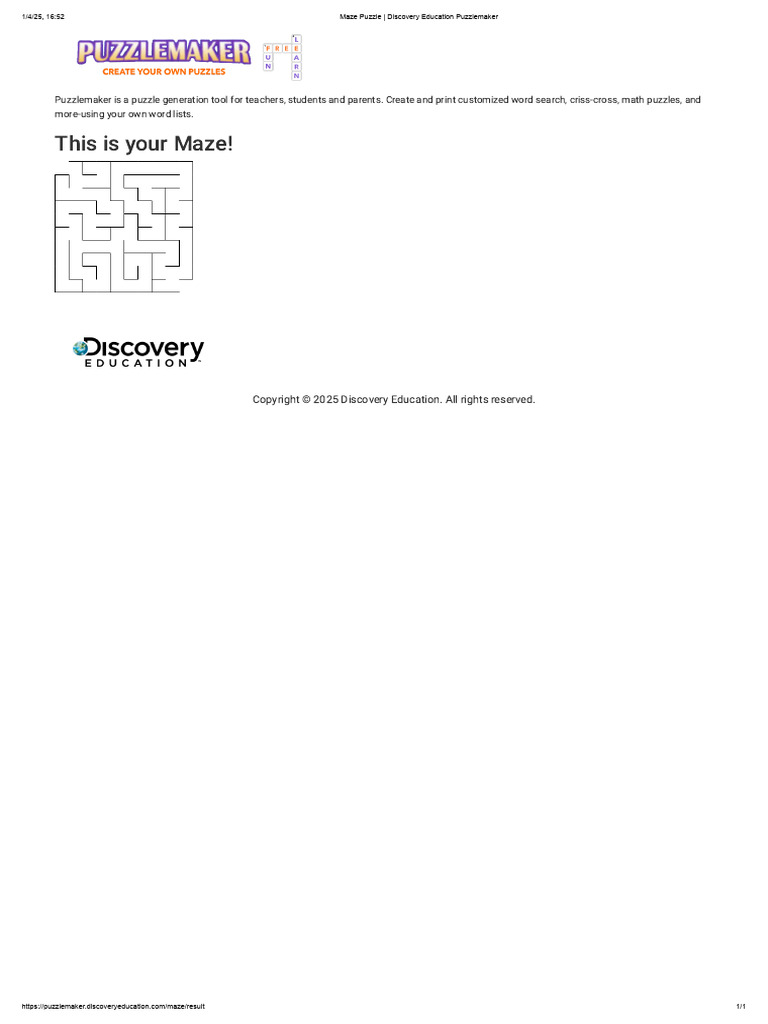 Maze Puzzle - Discovery Education Puzzlemaker | PDF