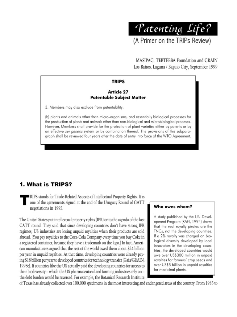 Patenting Life - A Primer-on-the-TRIPS Review | PDF | Trips Agreement ...