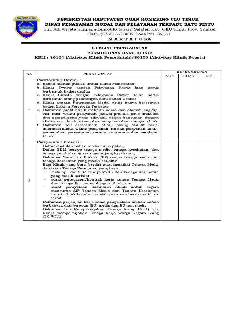 SYARAT Klinik Pratama Dan Utama DPMPTSP | PDF