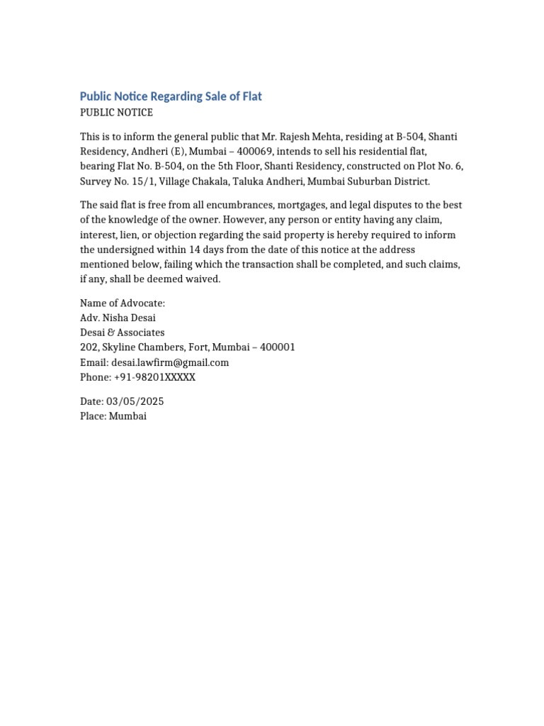 Public Notice: Sale of Flat B-504 | PDF