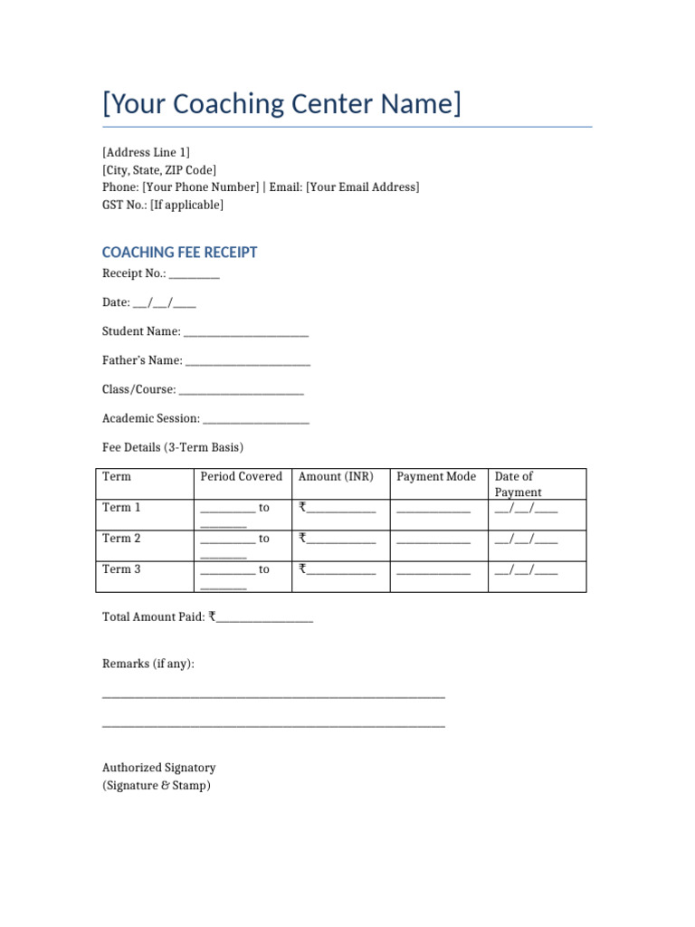 Coaching Fee Receipt Template | PDF
