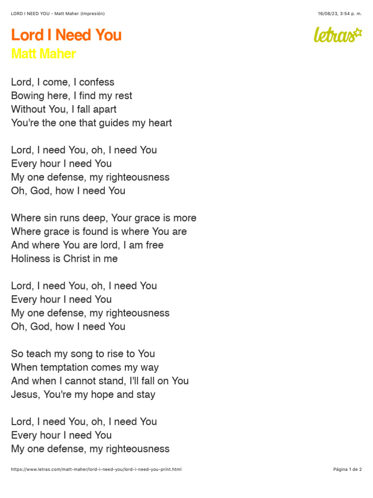 LORD I NEED YOU - Matt Maher (Impresión) | PDF