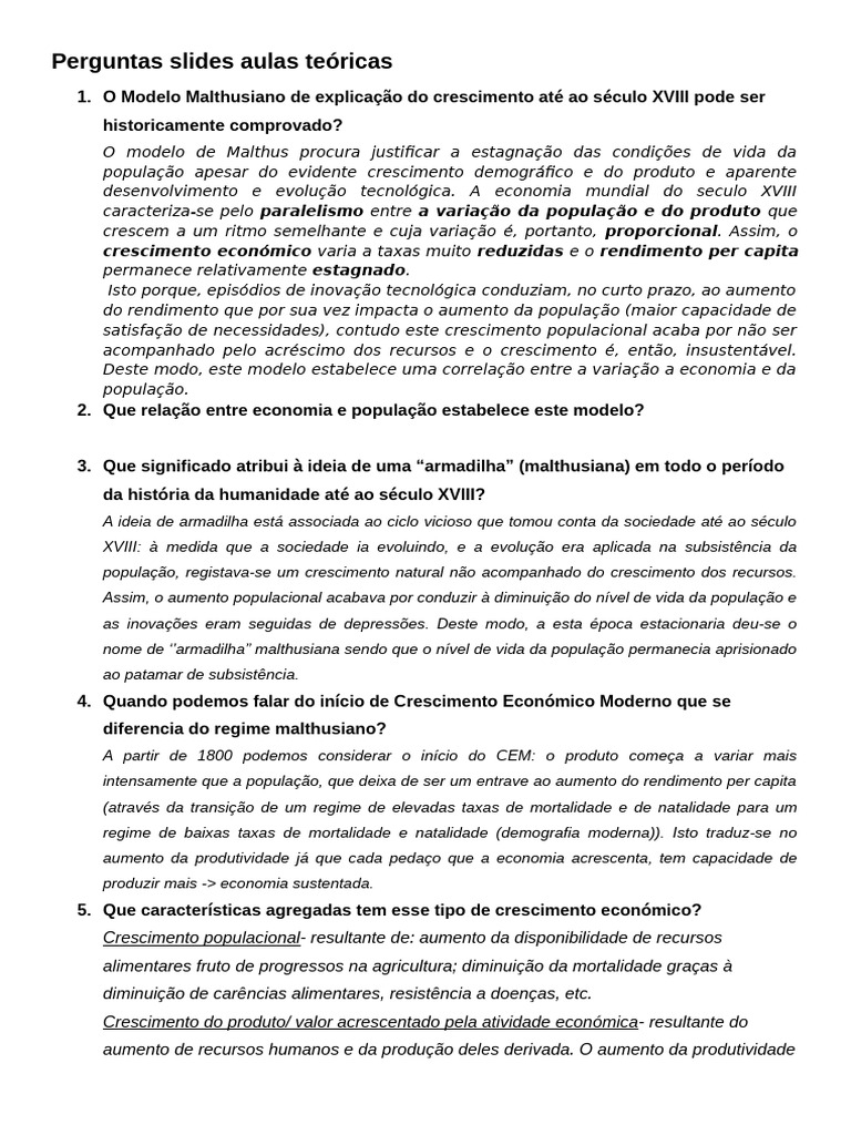 Perguntas Slides Aulas Teóricas | PDF | Economia | Crescimento econômico
