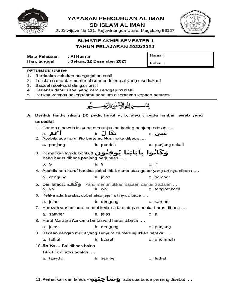 SOAL BTQ KELAS 2 PAS 1 | PDF