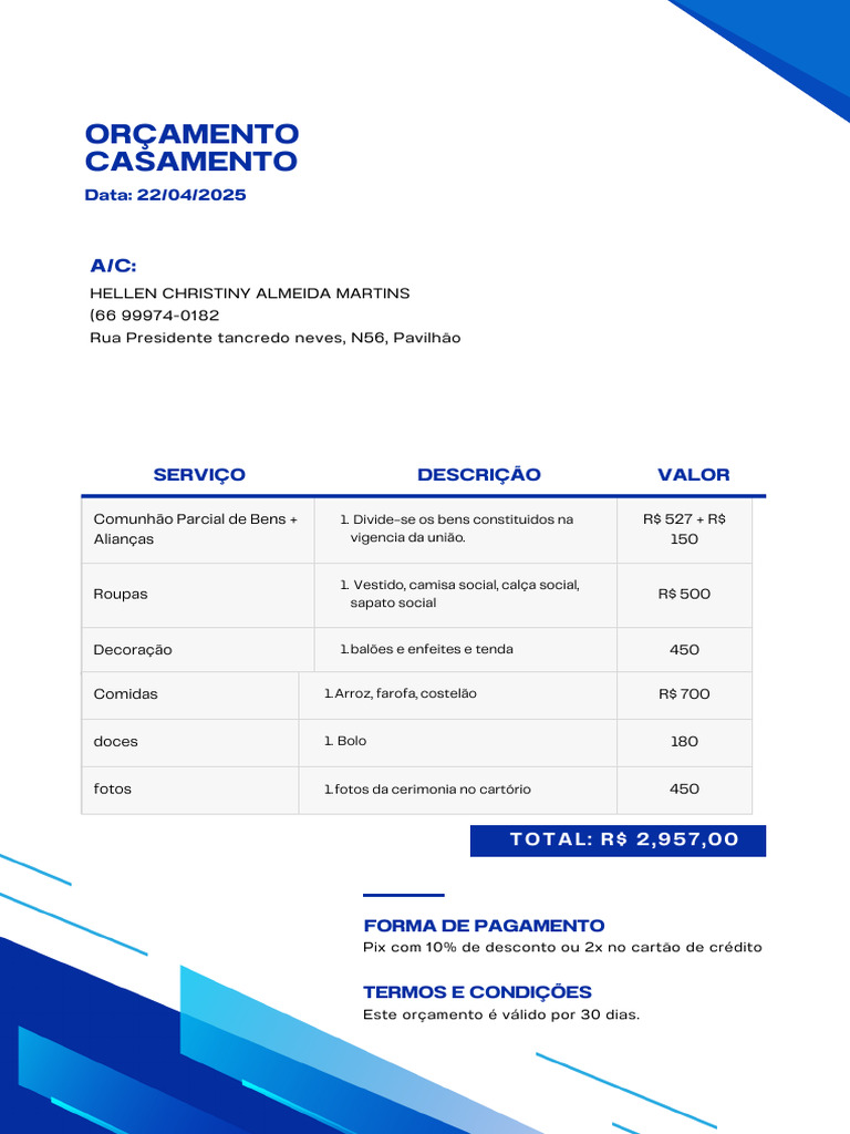 Documento A4 Modelo de Orçamento Moderno Azul | PDF
