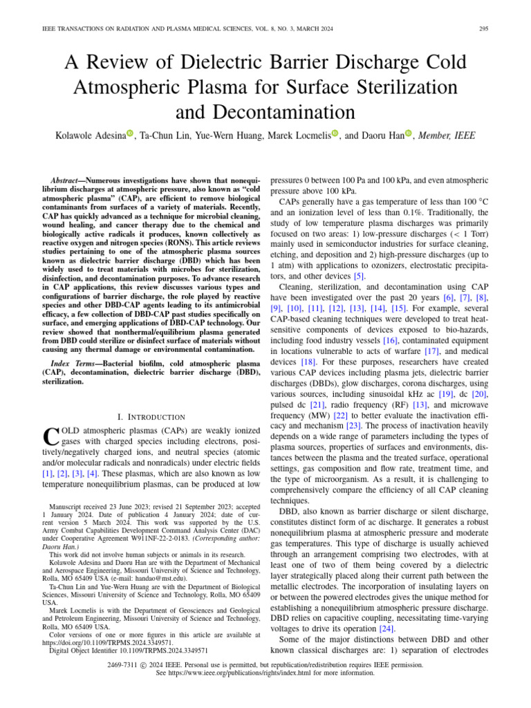 DBD Cold Plasma for Surface Sterilization | PDF | Plasma (Physics ...