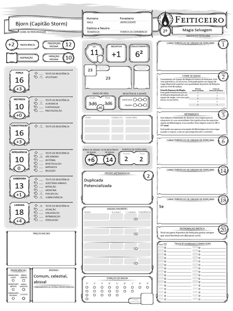 DND 5e - Ficha - Feiticeiro - Editável | PDF