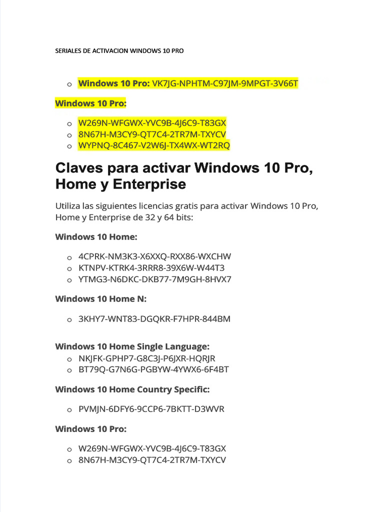PDF Seriales de Activacion Windows 10 Pro Compress | PDF | Software | Familias de sistemas ...