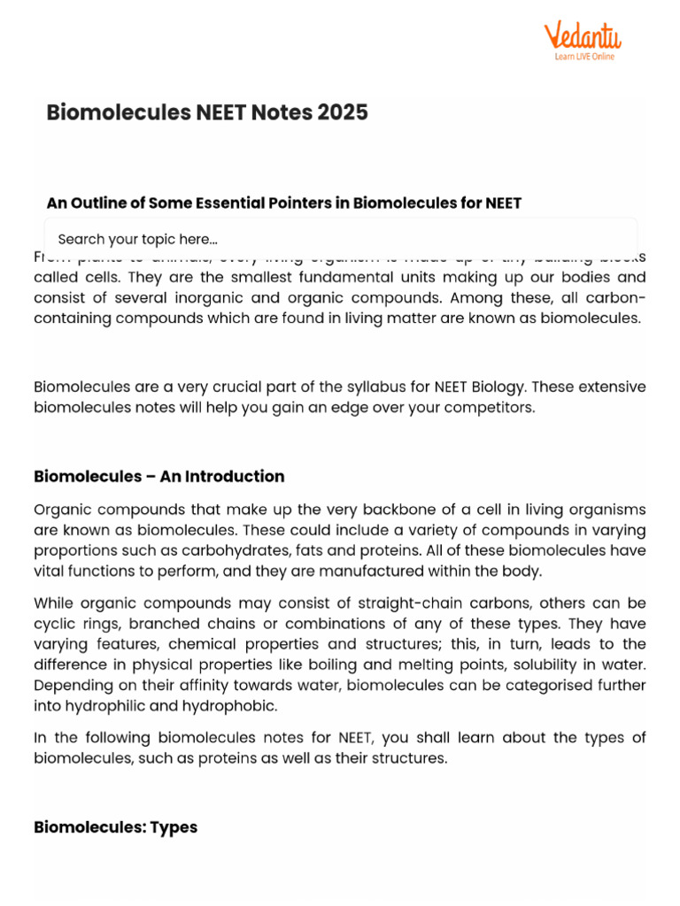 Biomolecules NEET Notes 2025 | PDF