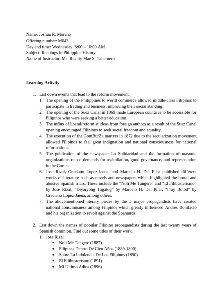 SCSC 12n Lesson 2.4 Learning Activity | PDF | Philippines | Philippines–Spain Relations