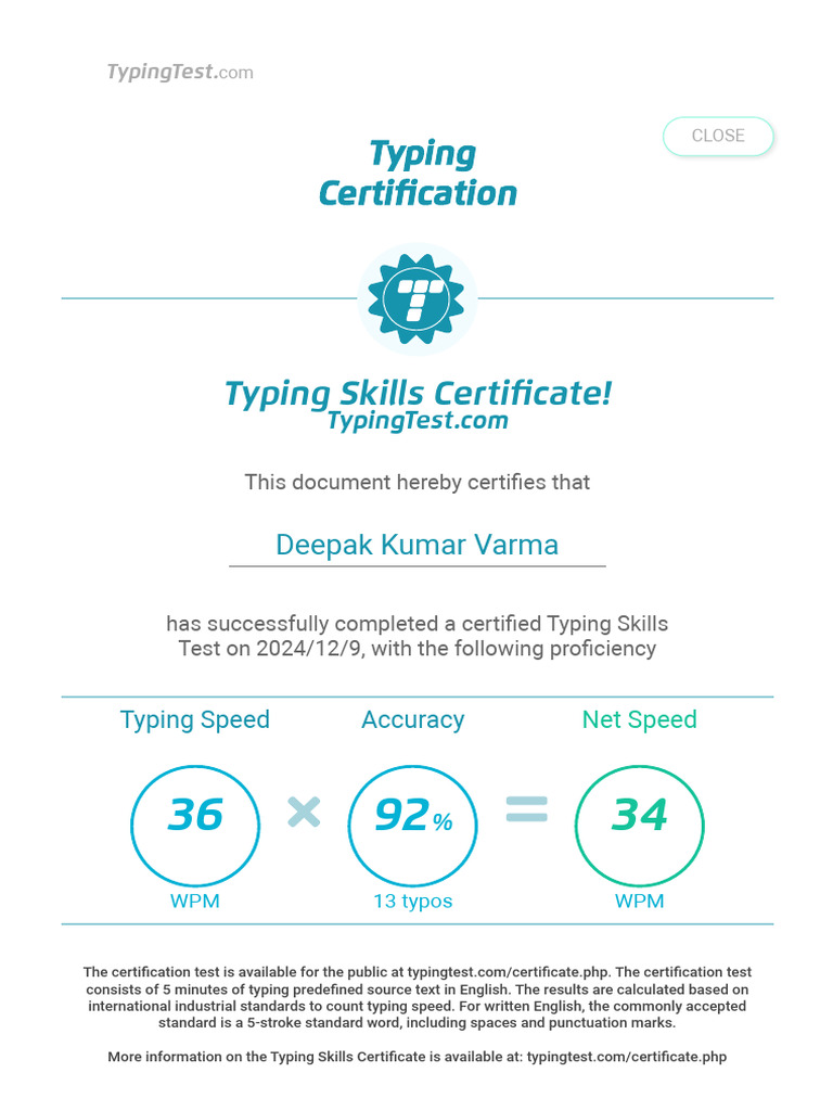 Typing Skills Certification for Deepak Varma | PDF