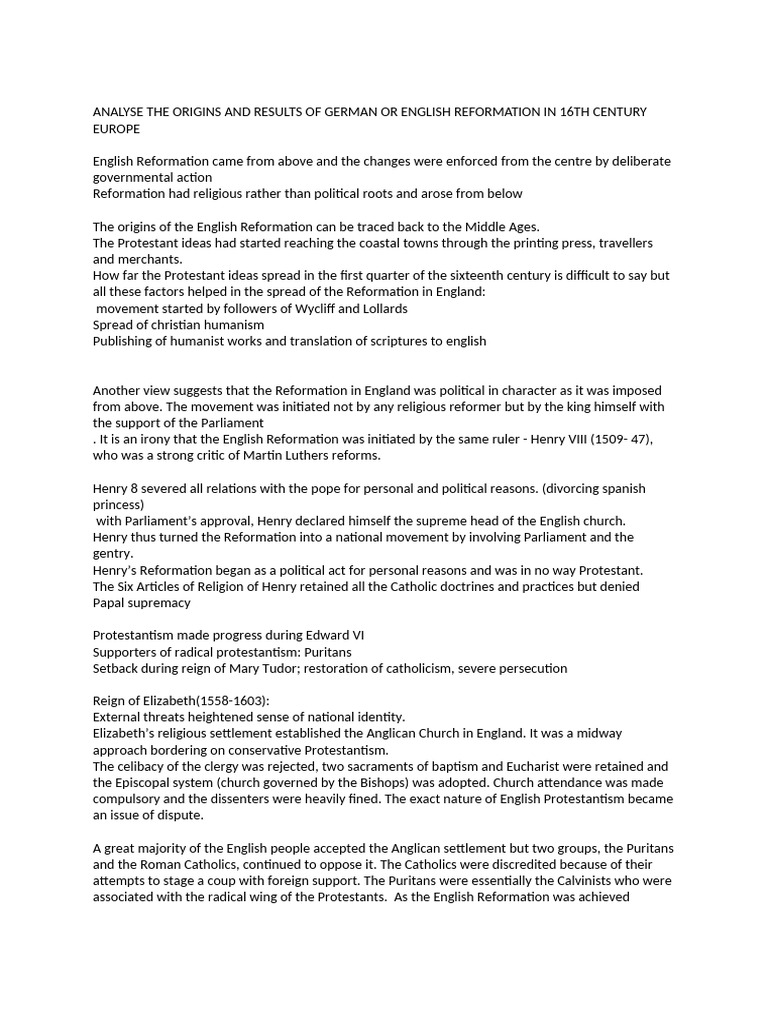 Analyse The Origins and Results of German or English Reformation in ...