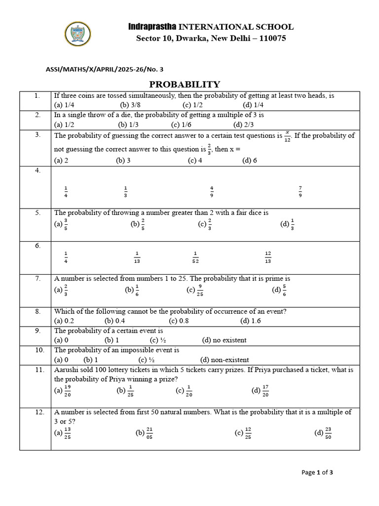 X Maths Probability WS 4 | PDF | Odds | Probability