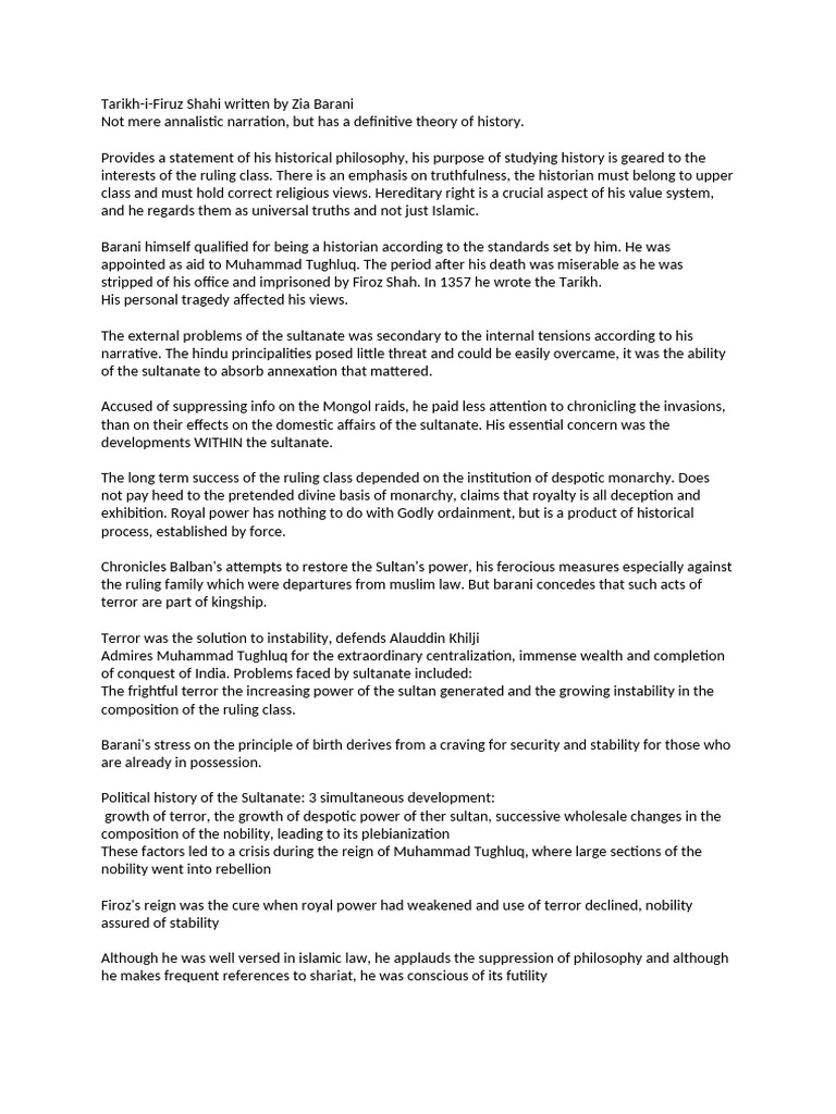 Barani's Theory of History of The Delhi Sultanate | PDF