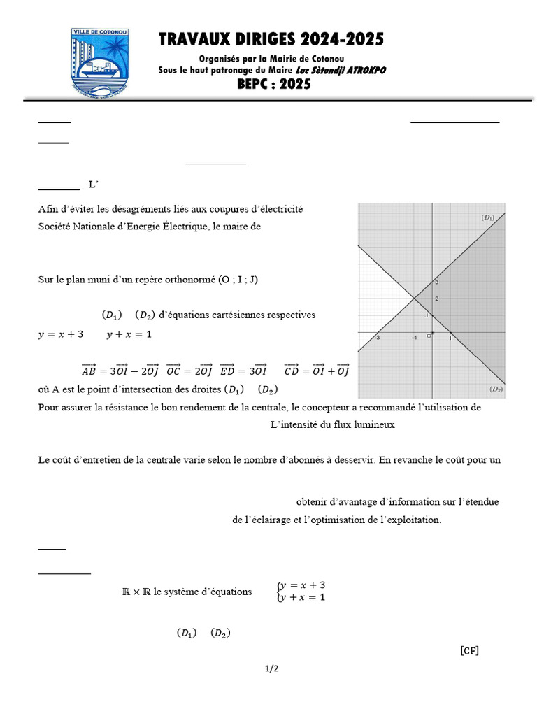 BEPC Maths 2025 : Épreuve et Problèmes | PDF | Équations