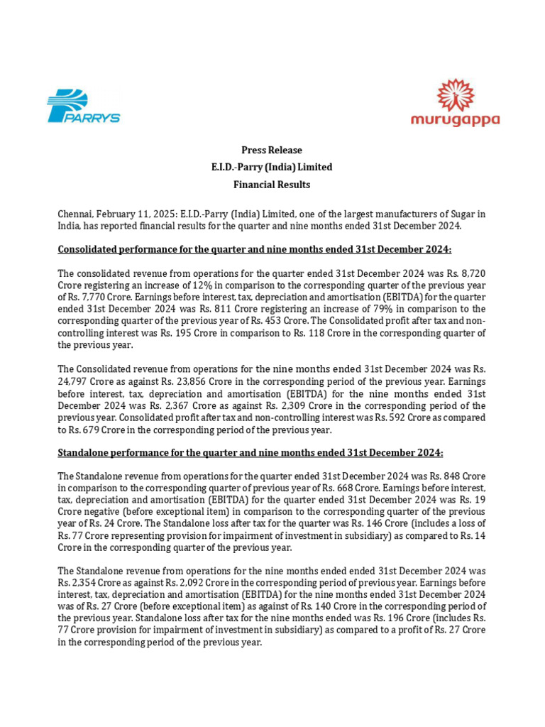 Press Release Eid Parry q3 Fy 2024 25 | PDF | Economies