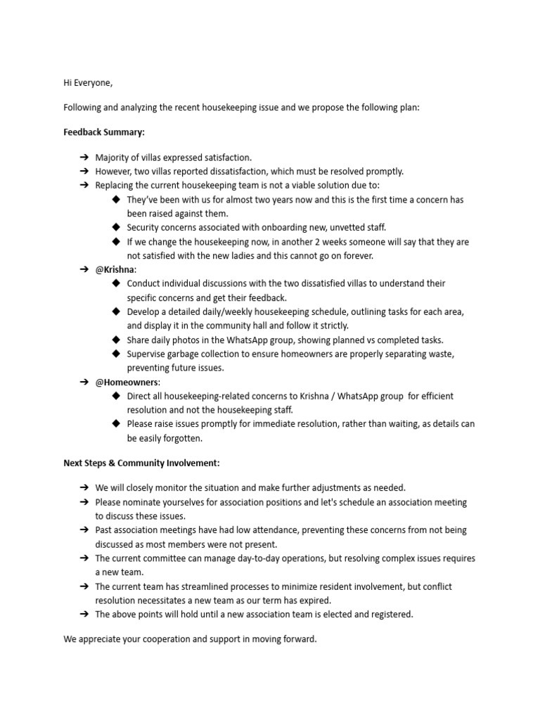 Housekeeping issue resolution | PDF