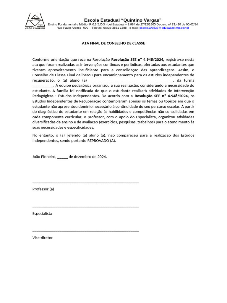 Ata Final de Conselho de Classe | PDF