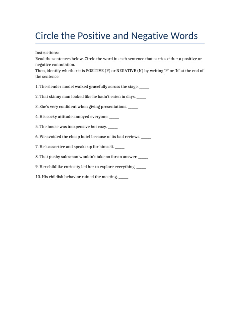 Circle Positive Negative Connotation Words | PDF