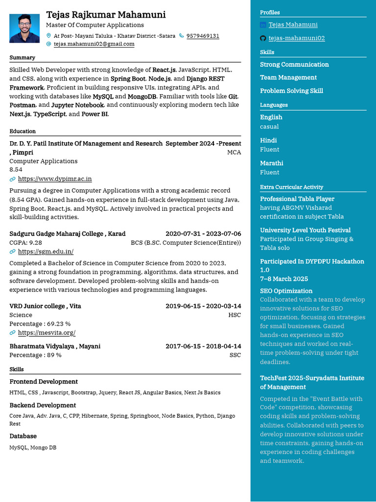 Tejas Rajkumar Mahamuni | PDF | Bootstrap (Front End Framework) | Java ...