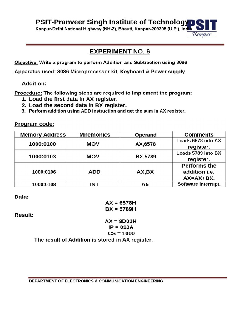 Addition Subtraction 8086 | PDF | Assembly Language | Integrated Circuit