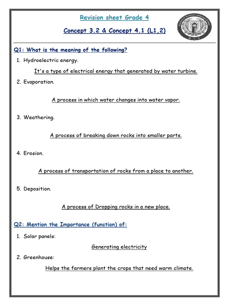 Model Answer of Revision Sheet (2) G4 | PDF | Weathering | Solar Energy