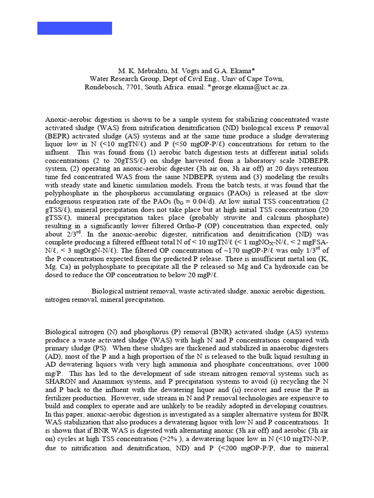 BNR Disgestion Mebrahtu & Ekama | PDF | Anaerobic Digestion | Chemistry