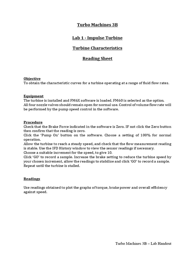 Turbo Machines 3B - Lab Handouts | PDF | Turbine | Flow Measurement