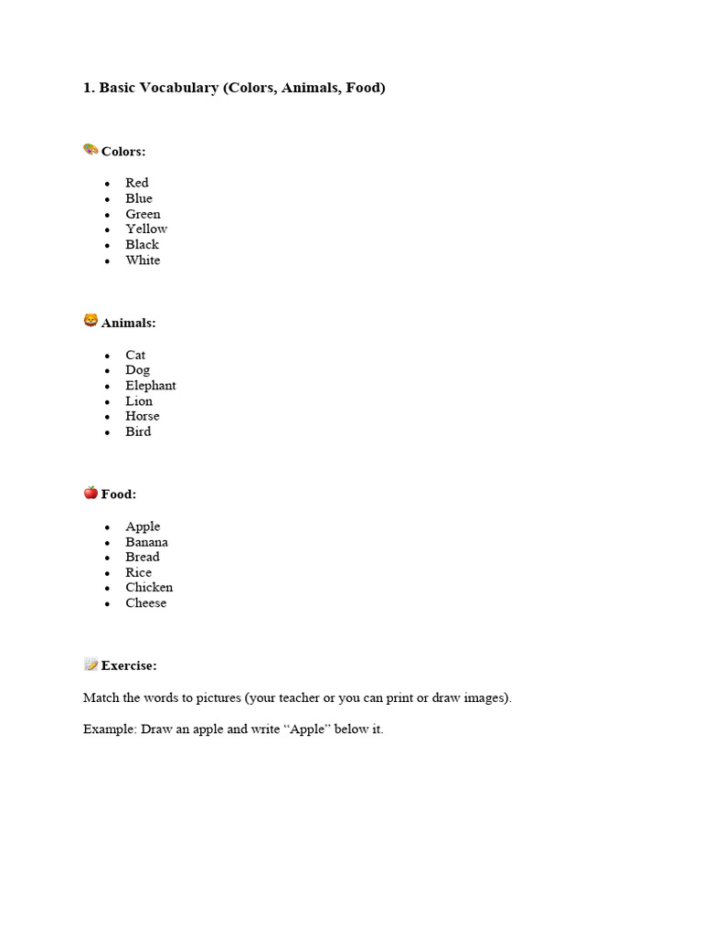 Basic Vocabulary (Colors, Animals, Food) | PDF