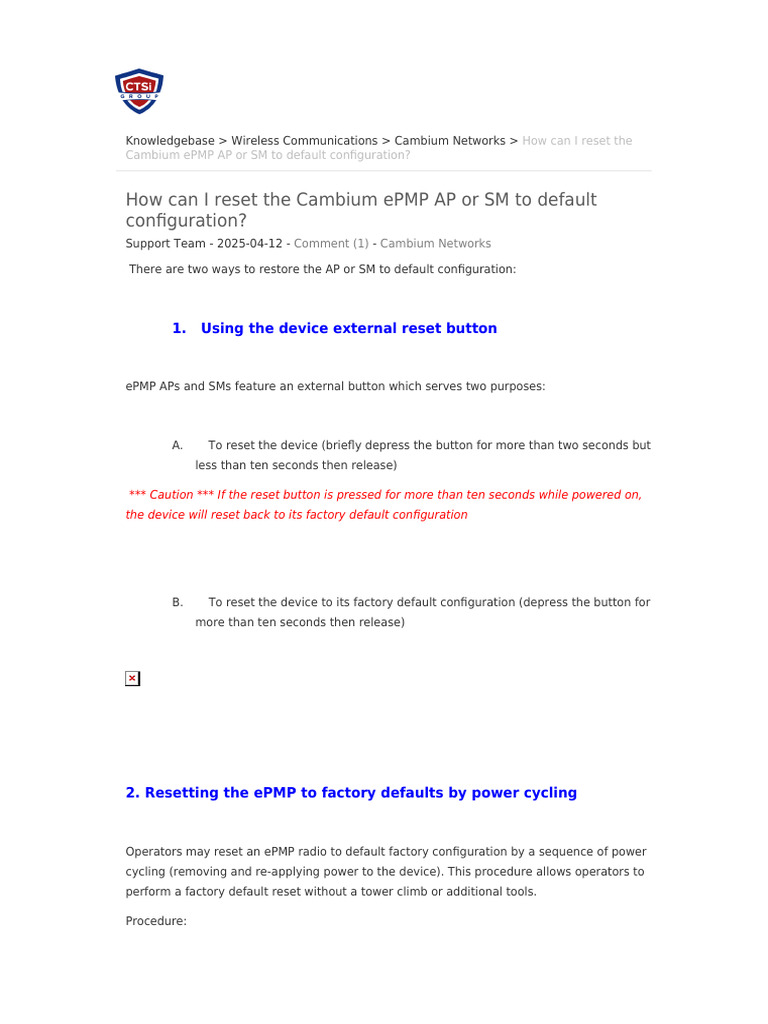 How Can I Reset The Cambium ePMP AP or SM To Default Configuration ...