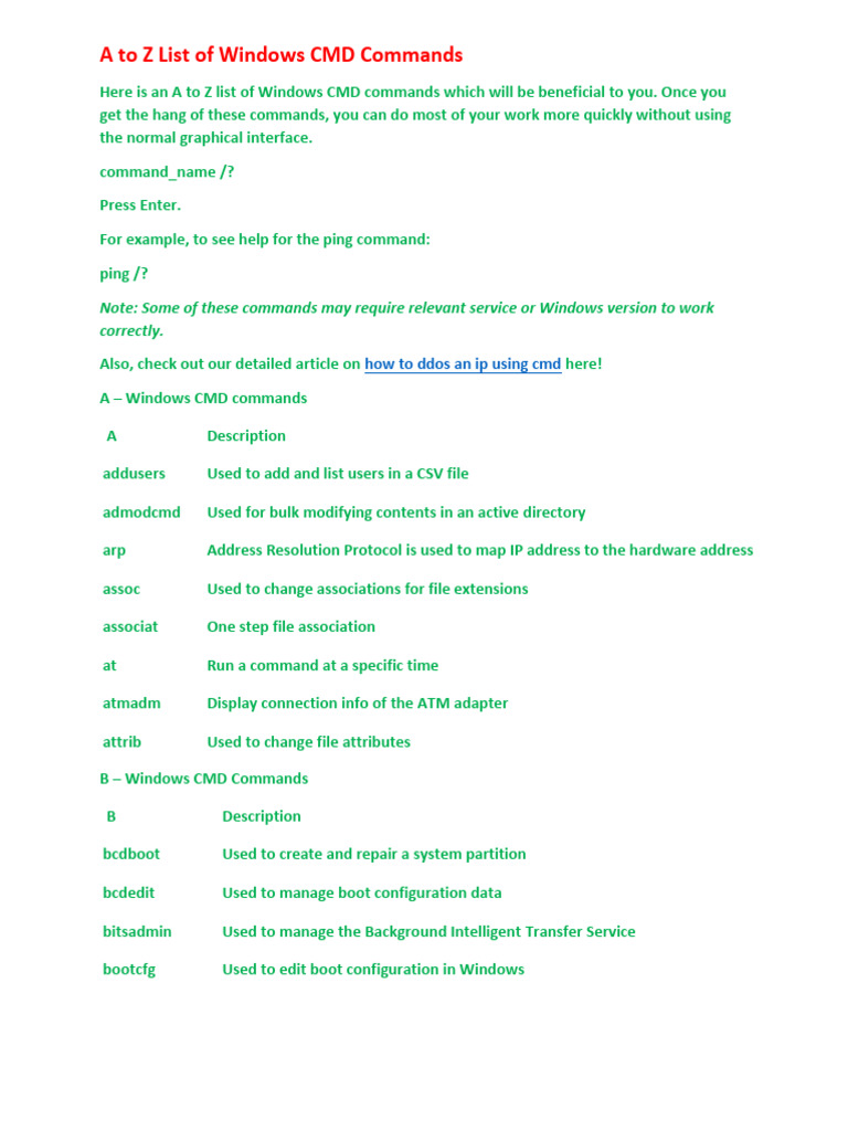 A To Z List of Windows CMD Commands | PDF | Computer File | Windows Registry