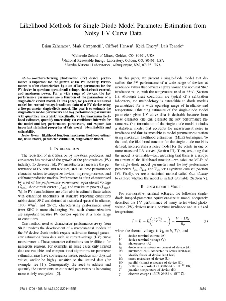 Likelihood Methods For Single-Diode Model Parameter Estimation From Noisy IV Curve Data | PDF ...