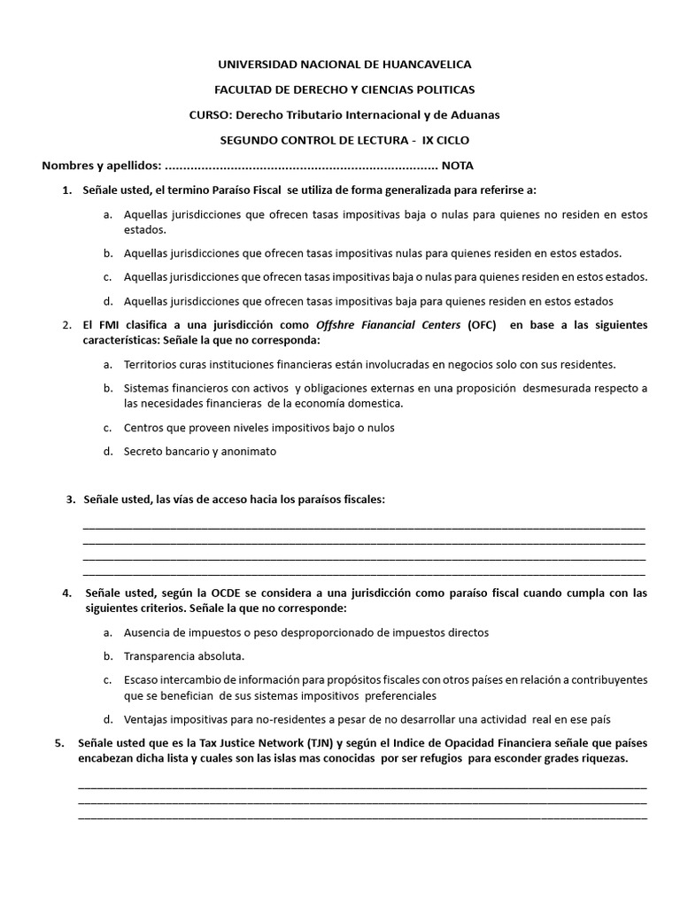 Segundo Control de Lectura Tributario | PDF | Paraíso fiscal | Impuestos