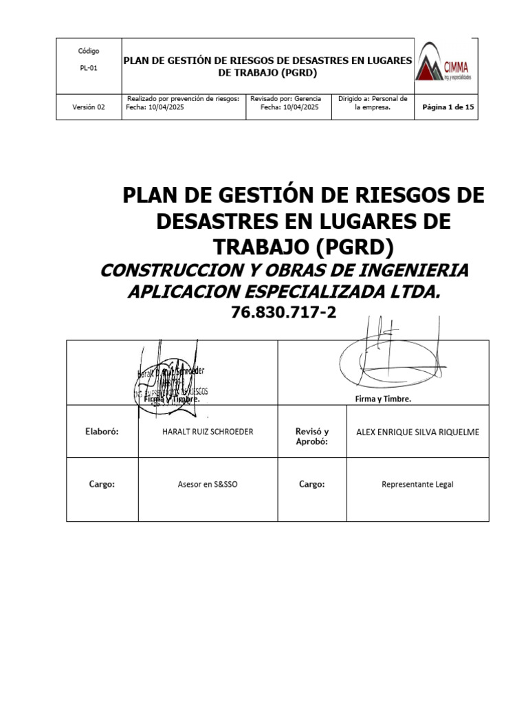 PL1-V1 - Plan de Gestión de Riesgos de Desastres en Lugares de Trabajo (PGRD) | PDF | Temblores ...