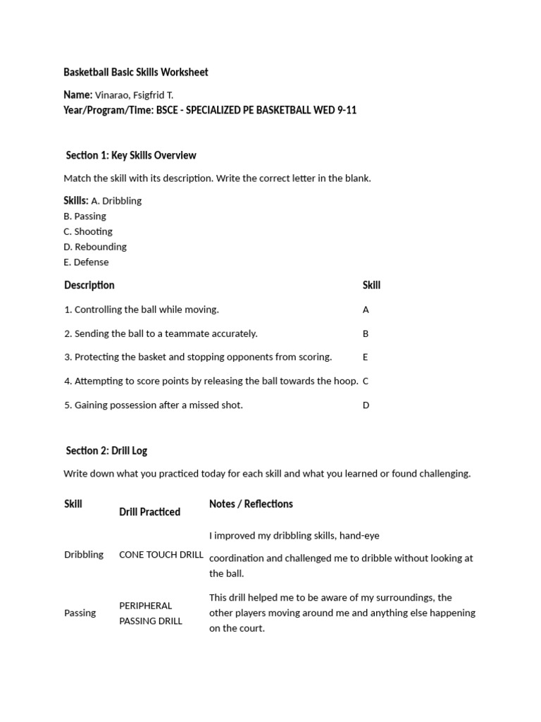 Basketball Basic Skills Worksheet | PDF | Basketball Positions | Indoor Sports