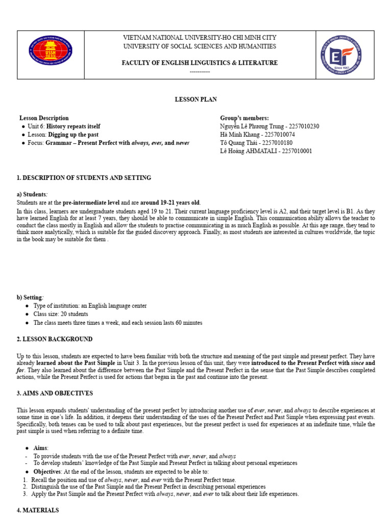 Present Perfect: Experiences Lesson Plan | PDF | Adverb | Human ...