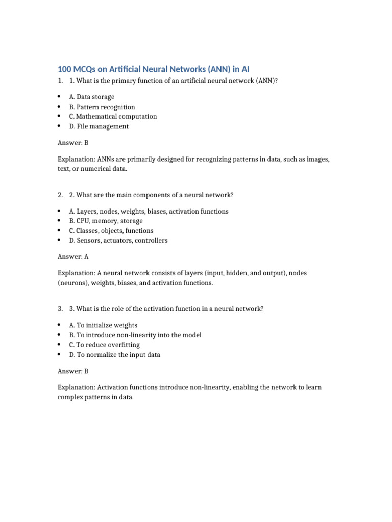 100 MCQs on ANN in AI | PDF