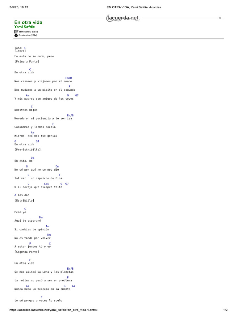 EN OTRA VIDA, Yami Safdie - Acordes | PDF