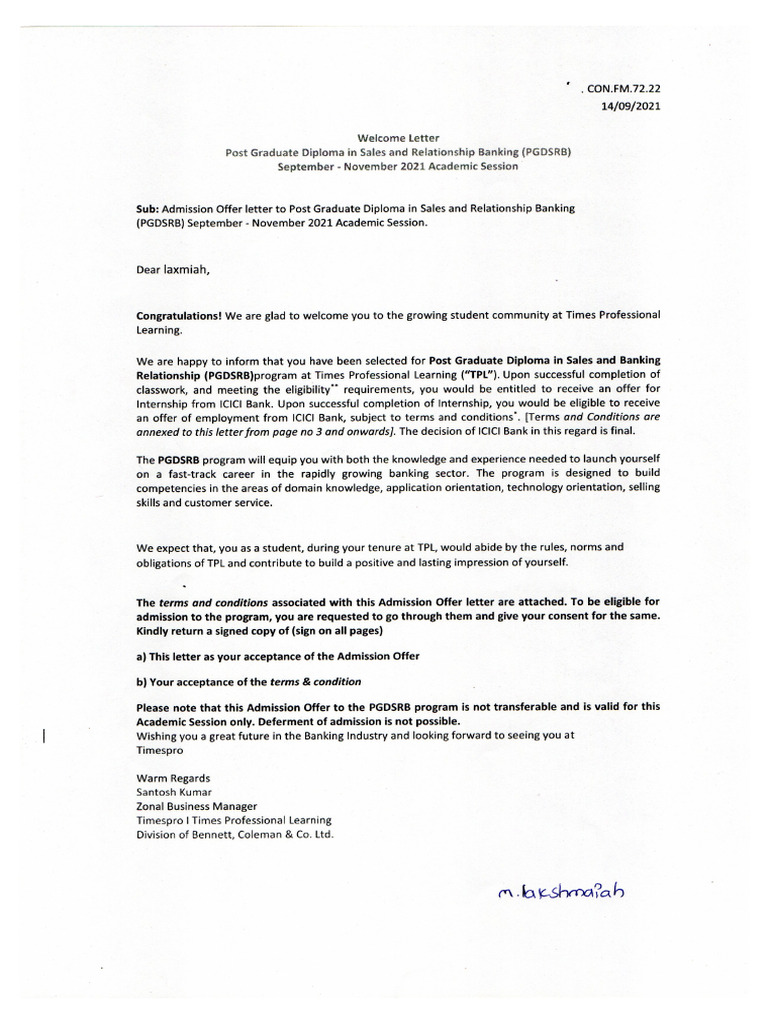 Lakshmaiah Welcome Letter | PDF