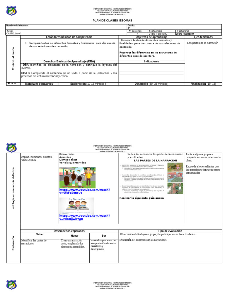 Plan de Clases de Castellano 3° Grado | PDF | Aprendizaje