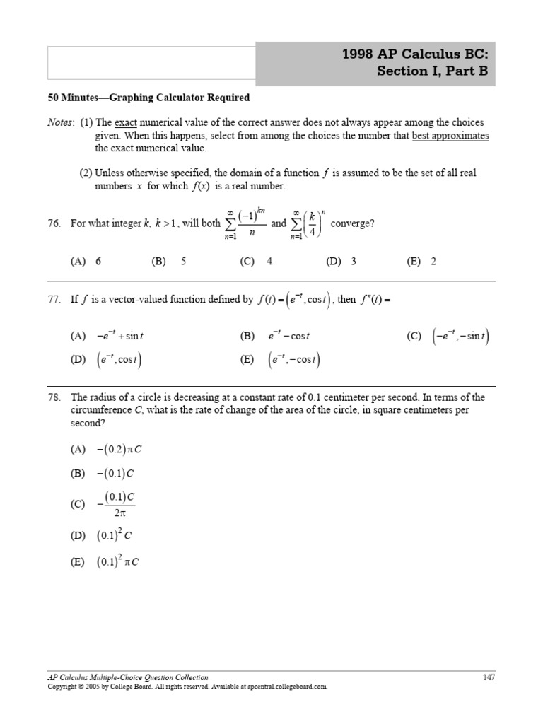 AP Calculus BC - Part B - Exam Year 19981 | PDF | Function (Mathematics ...