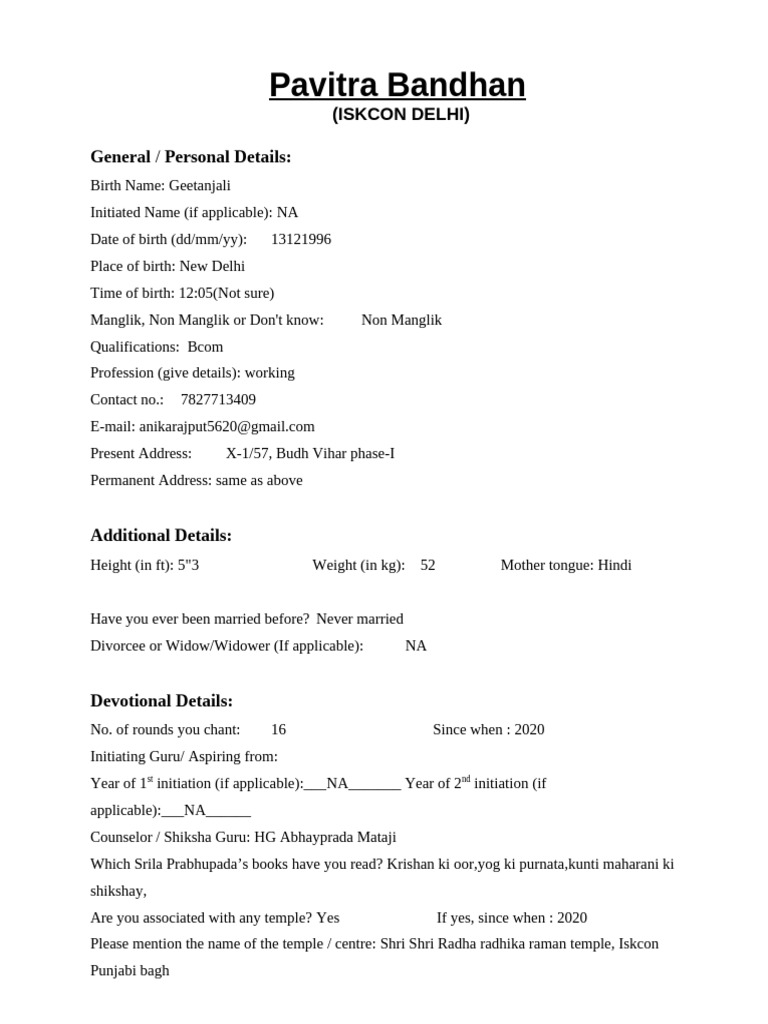 Iskcon Pavitra Bandhan Form | PDF | Bhakti Movement | Bhagavad Gita