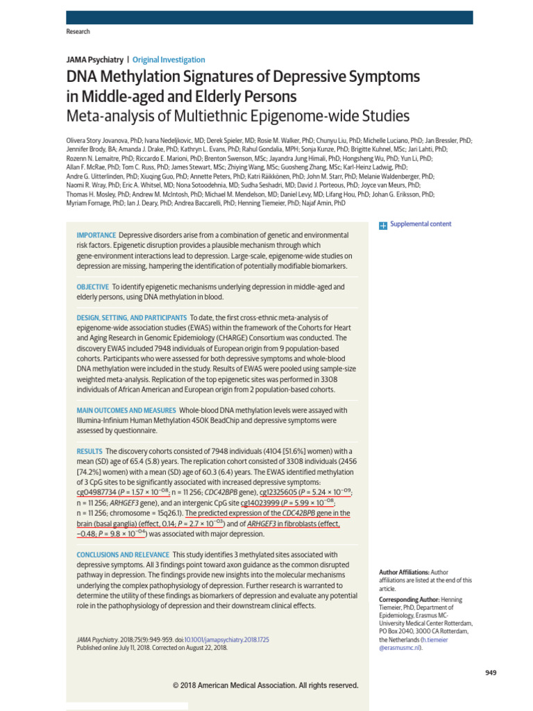 Story Jovanova 2018 Dna Methylation Signatures of Depre | PDF | Dna Methylation | Major ...