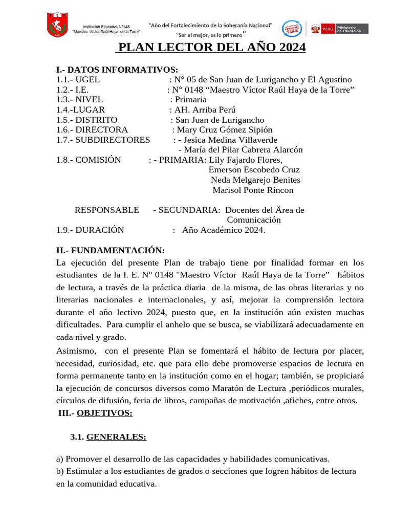 Plan Lector Del Año Escolar 2024 | PDF | Aprendizaje